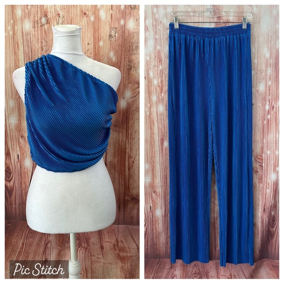 Micas | Pants & Jumpsuits | Micas Royal Blue Pleated One Shoulder Top ...